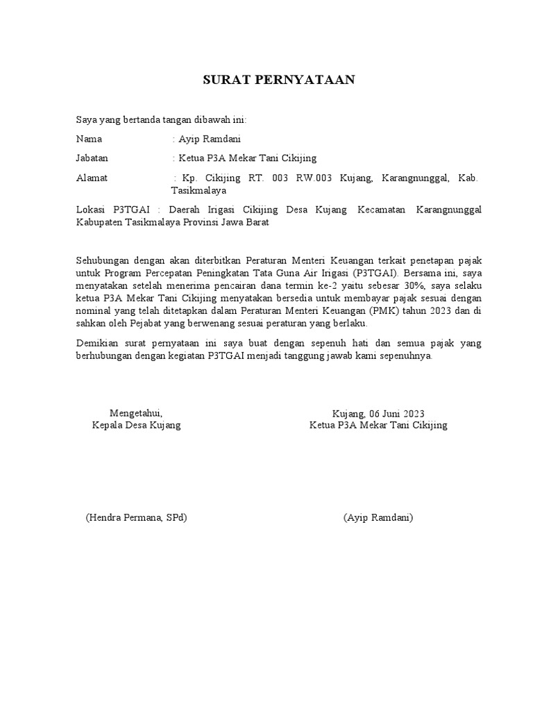 Surat Pernyataan Pajak P3TGAI 2023 | PDF