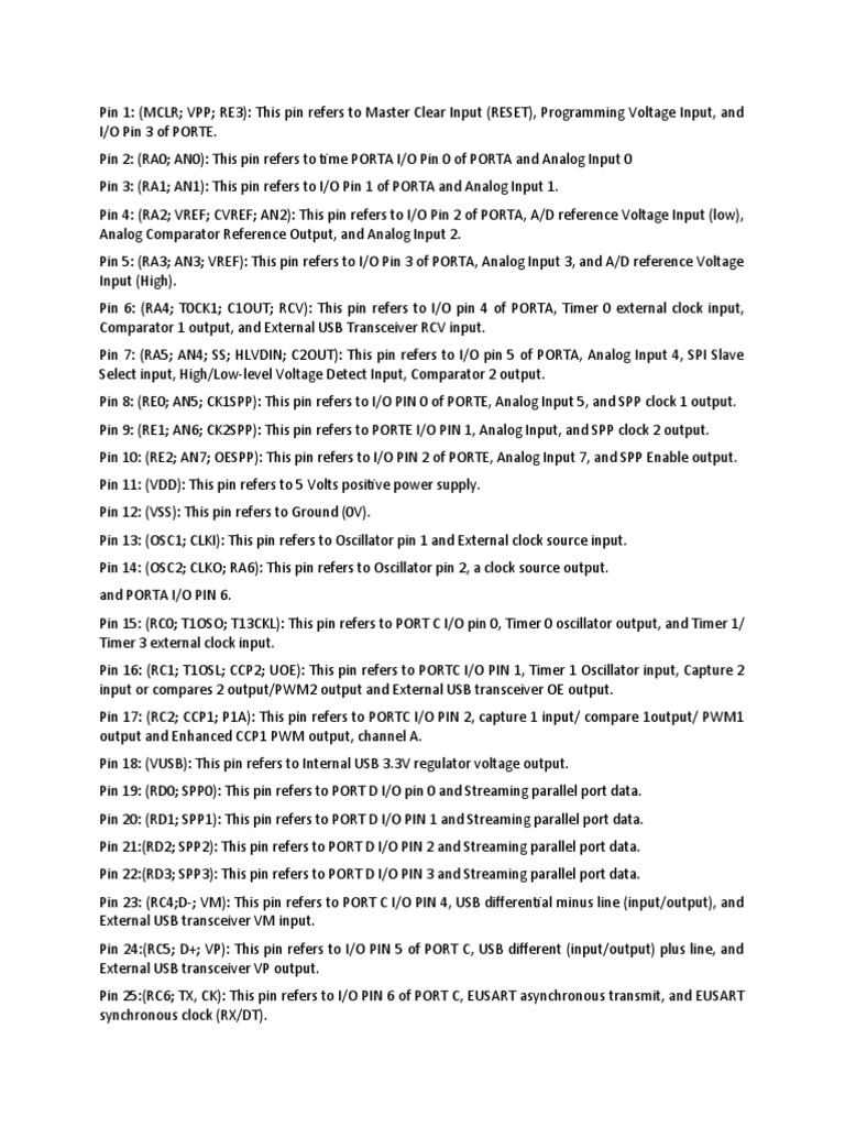 PIC18F4550 Pin Functions | PDF | Input/Output | Analog To Digital Converter