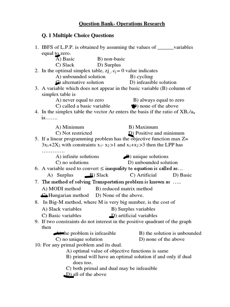 Question Bank-Operations Research Q. 1 Multiple Choice Questions | PDF | Linear Programming ...