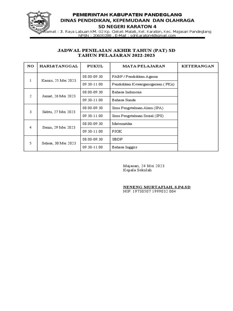 Jadwal PAT TP 2022-2023 | PDF