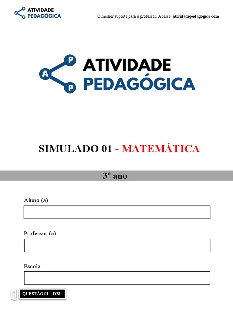 Simulado 01 - Matemática - 3º Ano | PDF | Jogos e Atividades | Métodos e Materiais de Ensino