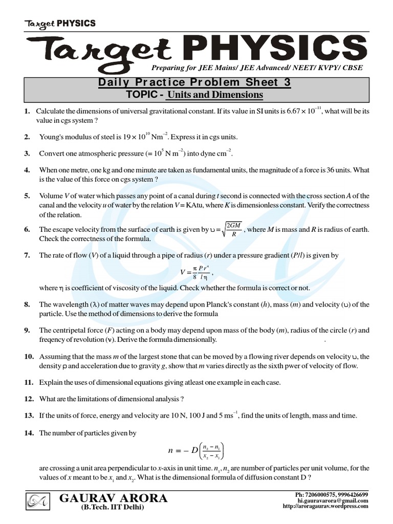 11TH DPP-3 (Unit & Dimension) | PDF | Force | Velocity