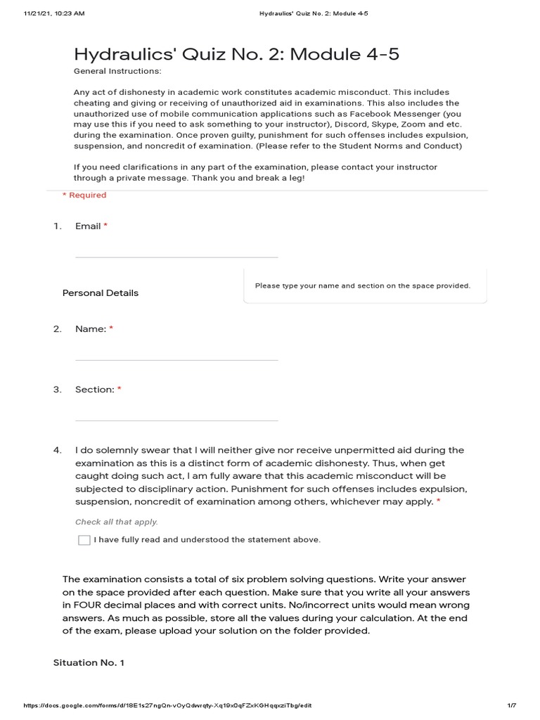 Hydraulics' Quiz No. 2 - Module 4-5 - Google Forms | PDF | Fluid ...