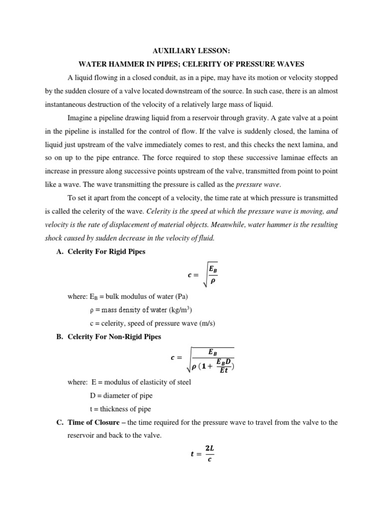 AUXILIARY LESSON - Water Hammer | PDF | Mechanical Engineering ...