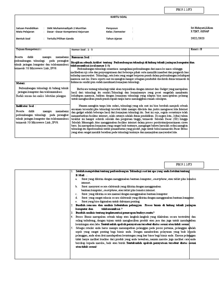 Kartu Soal Asesmen Akhir Pat Genap DDK K X TJKT Ok 2223 | PDF | Bisnis