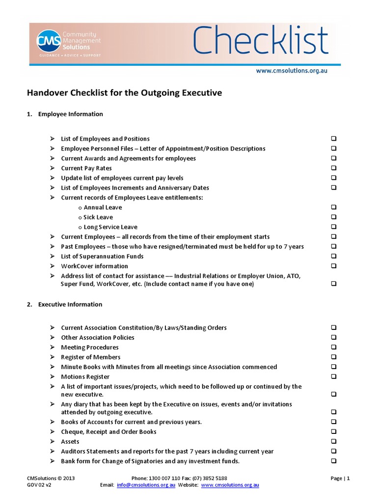 GOV 02 Handover Checklist For The Outgoing Executive | PDF