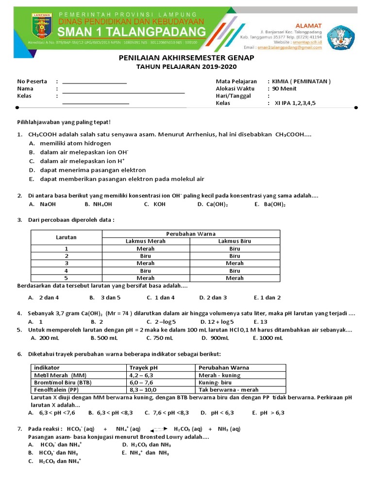 Soal Pas Genap Kimia Klas Xi Ipa 2019 2020 | PDF