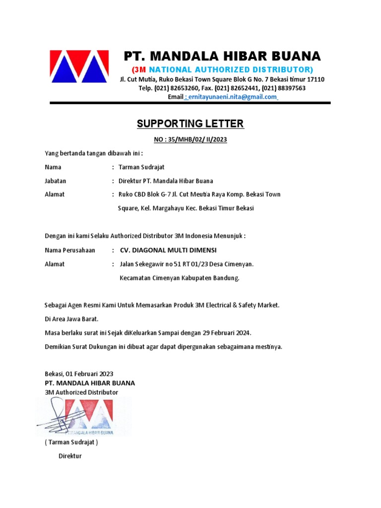 Supporting Letter Cv. Diagonal Multi Dimensi | PDF