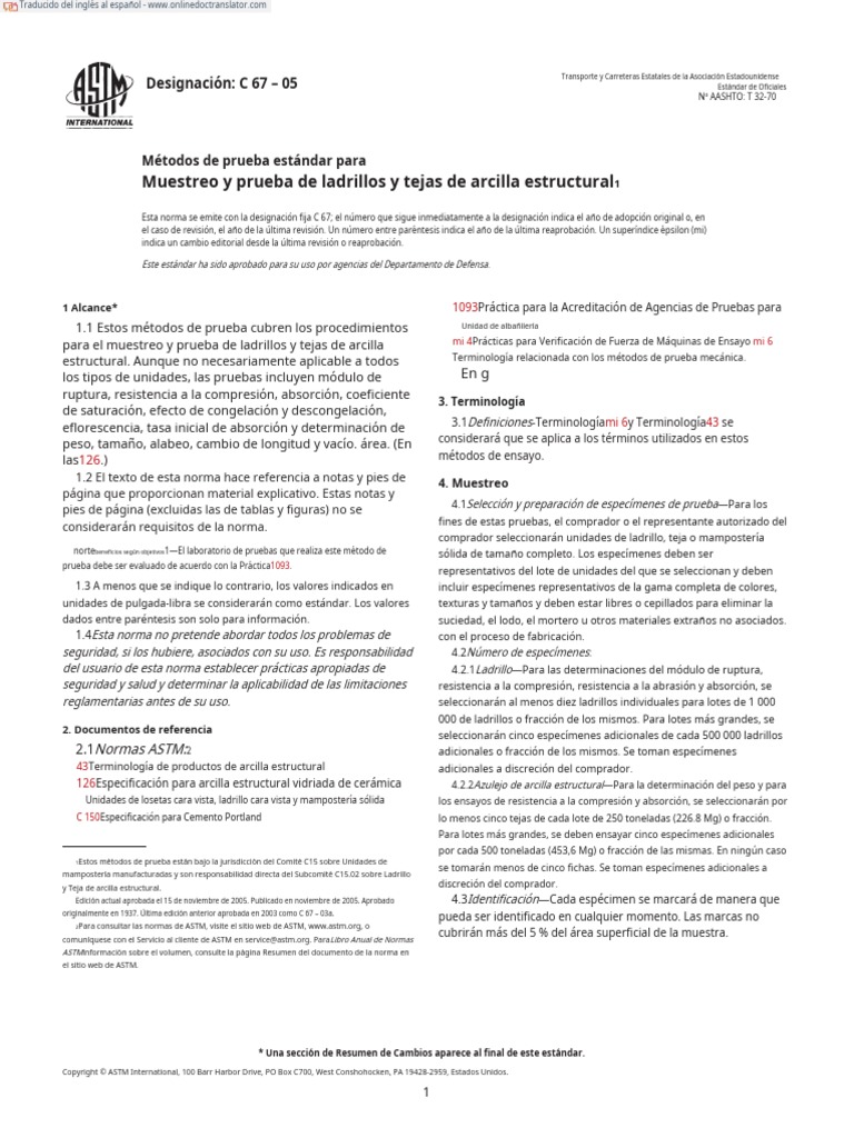 Ensayo Resistencia A La Flexion Astm C67 Traducido Al Español | PDF | Agua | Ladrillo