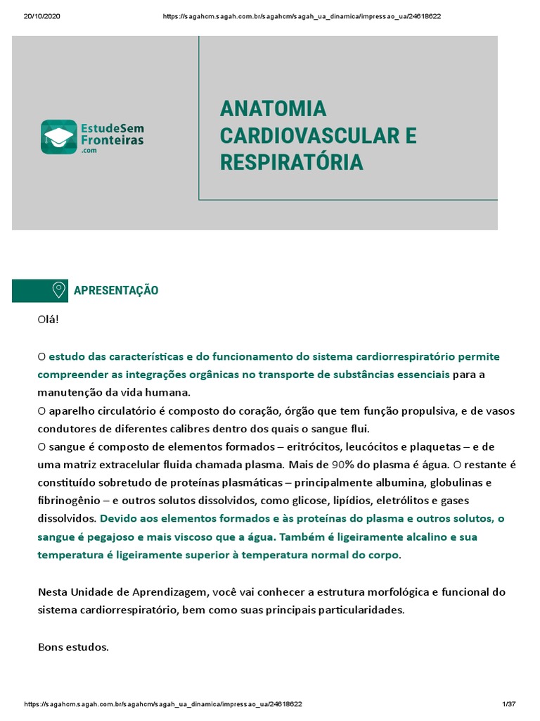 Aula 1 | Download grátis PDF | Coração | Sistema circulatório