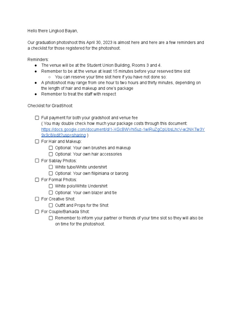 Graduation Shoot Reminders and Checklist | PDF