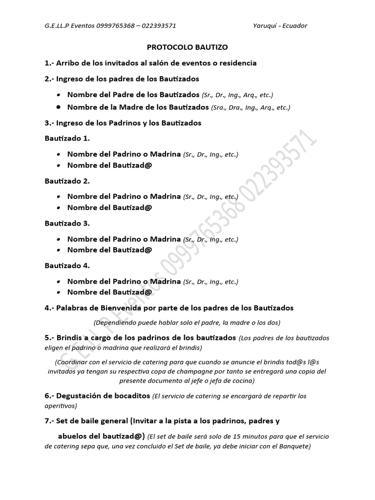 Protocolo Bautizo G.e.ll.p Eventos | PDF