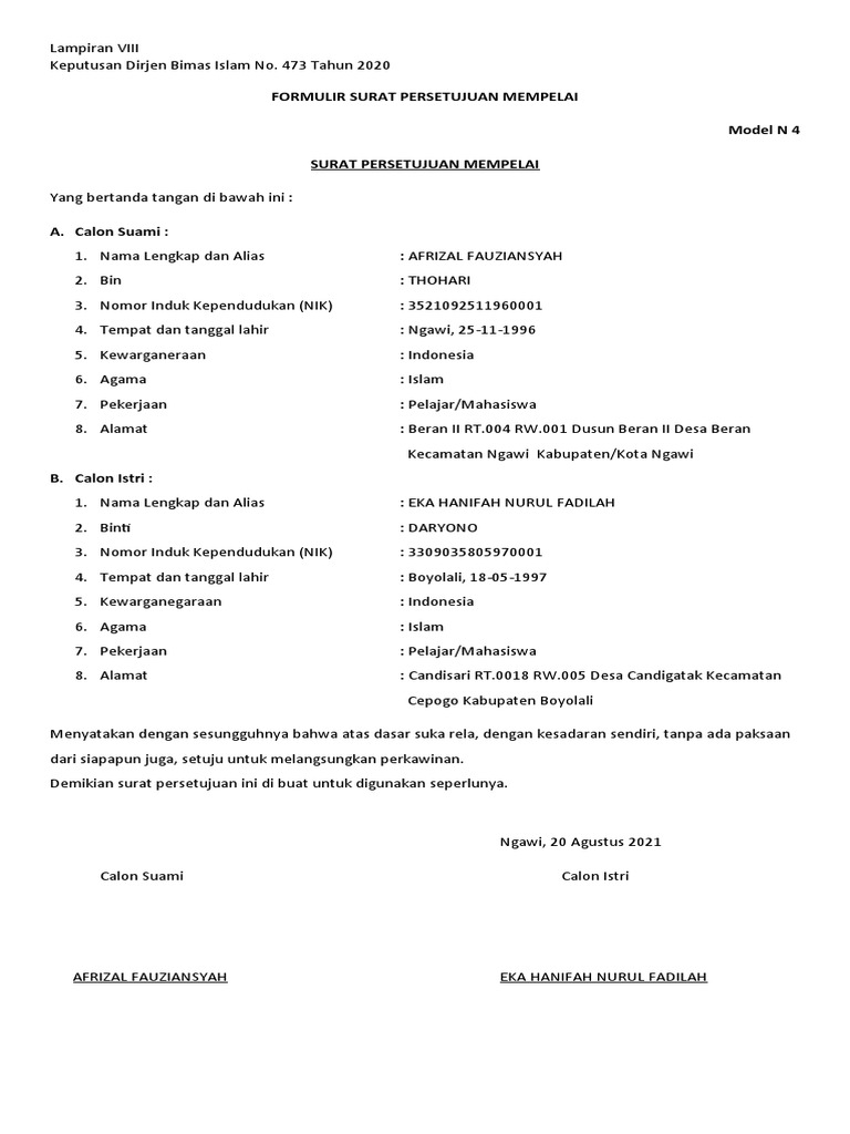 Formulir Surat Persetujuan Mempelai | PDF