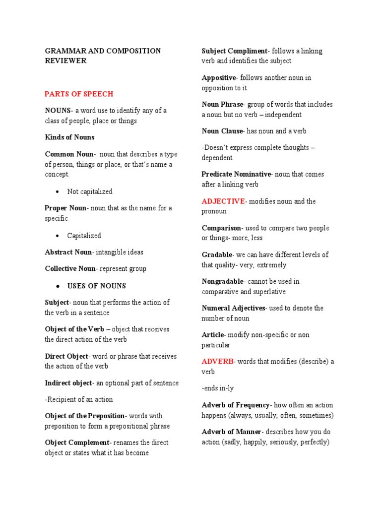 Grammar and Composition Reviewer | PDF | Verb | Noun