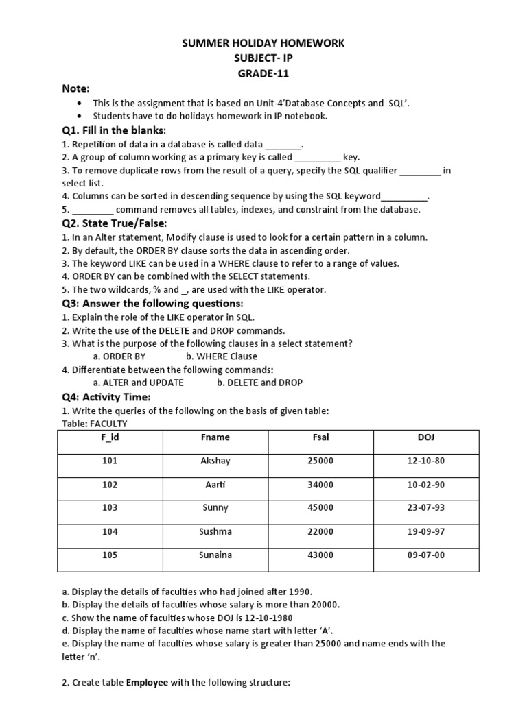 Grade 11 IP Summer Homework: SQL Concepts | PDF | Table (Database) | Sql