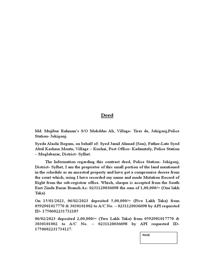 Land Deed Agreement in Sylhet | PDF