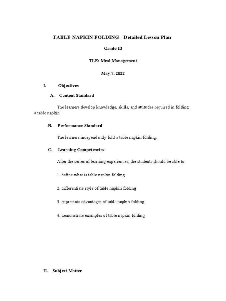 Table Napkin Folding | Download Free PDF | Learning | Lesson Plan