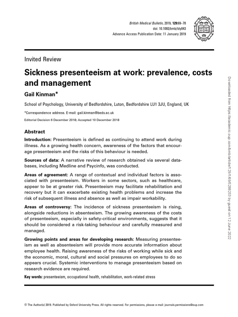 Sickness Presenteeism at Work Prevalence | PDF | Risk | Occupational ...