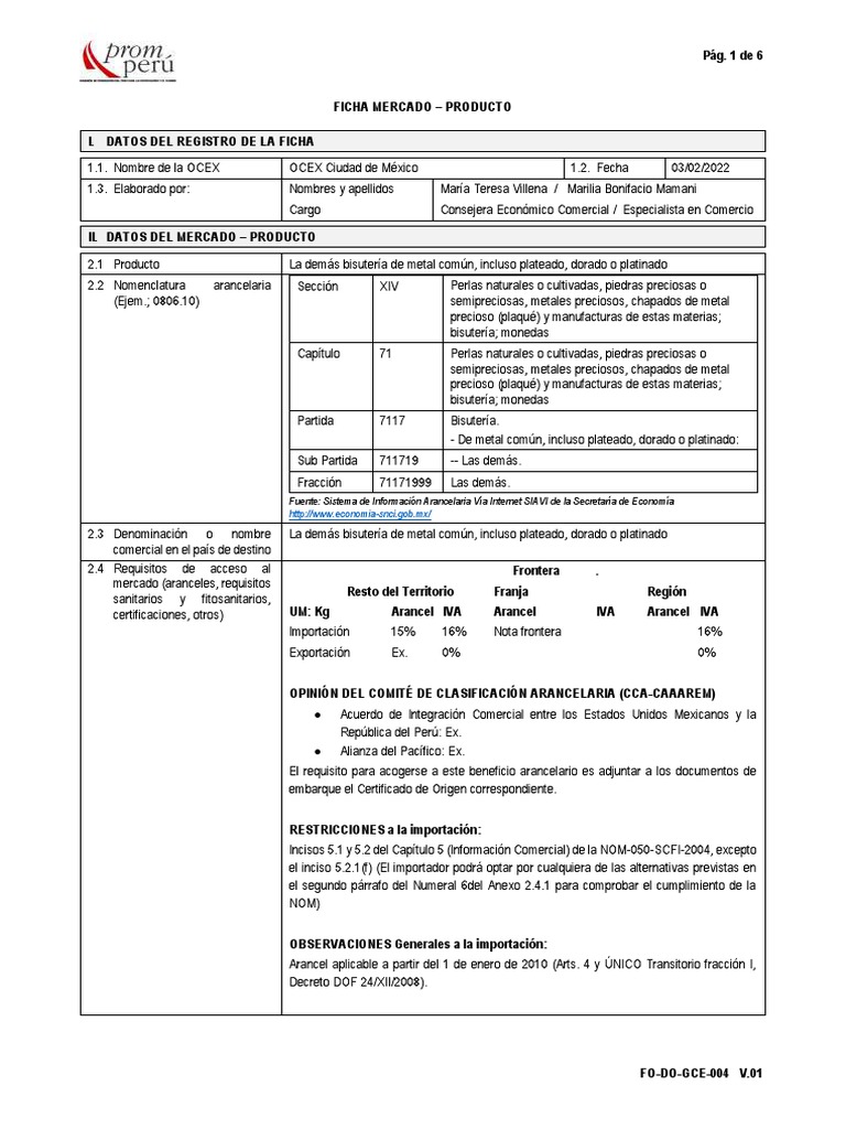 OMEX Ficha Mercado Mexico Producto Las Demas Bisuteria de Metal Comun ...