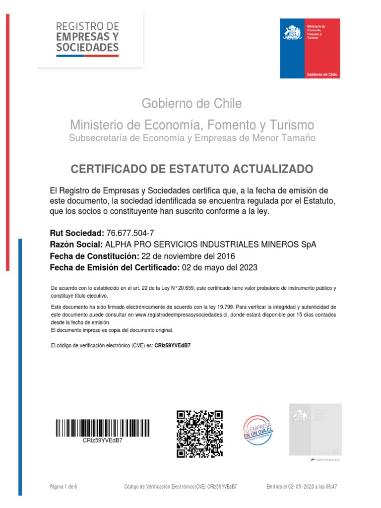 Certificado Estatuto Alpha | PDF