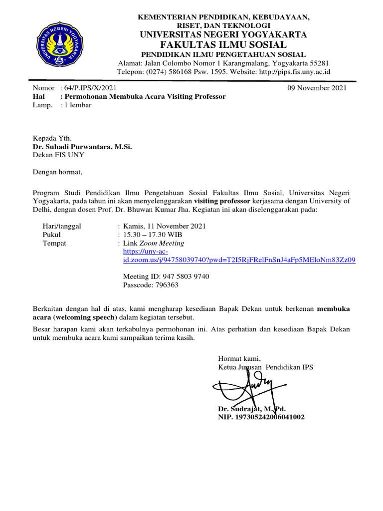 Permohonan Membuka Acara Visiting Professor 11 November | PDF