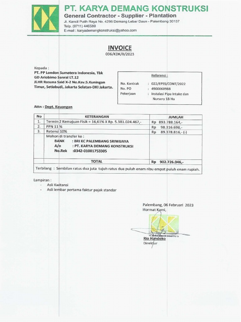 Invoice t2 Instalasi Pipa Intake PT Lonsum | PDF