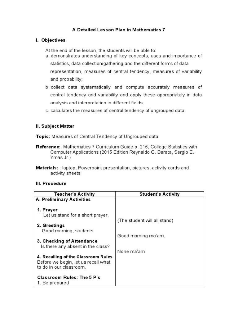 Detailed Lesson Plan in Mathematics 7 Measure of Central Tendency For Ungroup Data PDF | PDF ...