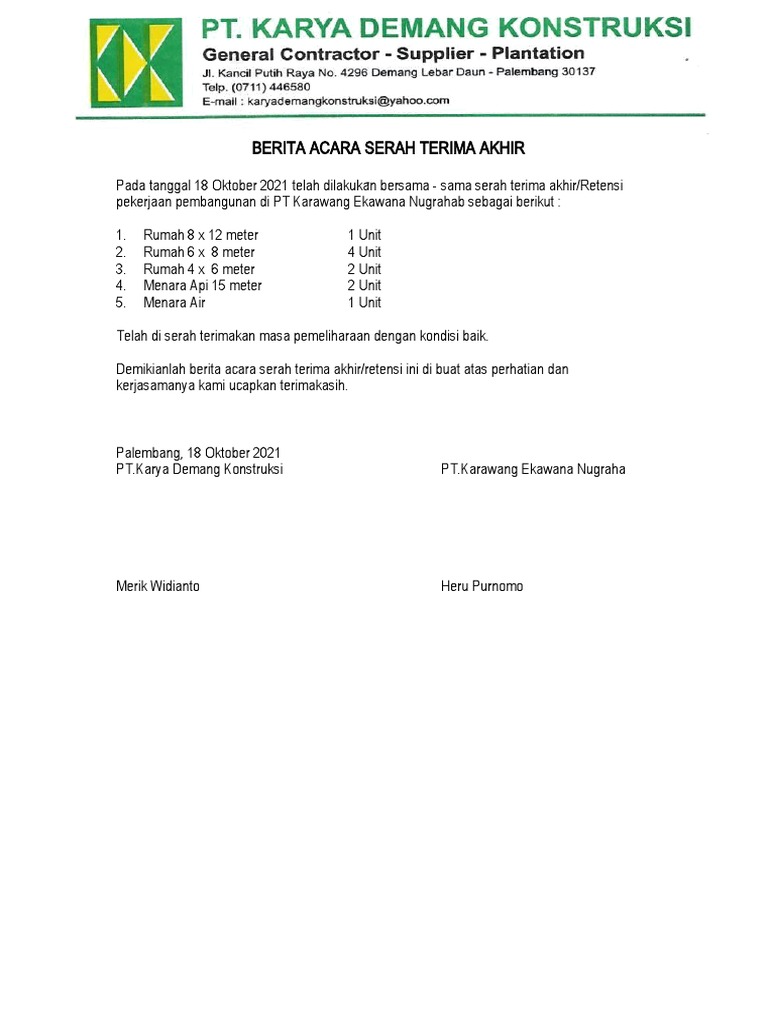 Berita Acara Serah Terima Akhir PT Ken | PDF