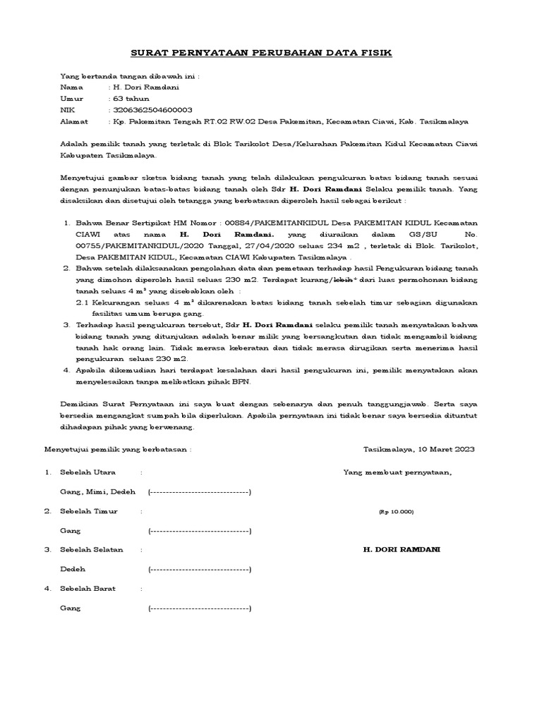 BA Dan Surat Pernyataan Perubahan Data Fisik (H. Dori Ramdani) | PDF