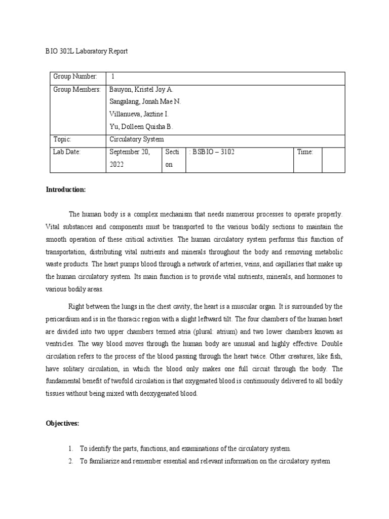 Bio 302L - Lab Report Format Circulatory System 1 1 | PDF
