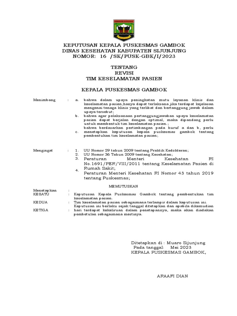 9.4.1.2 SK Tim Keselamatan Pasien | PDF