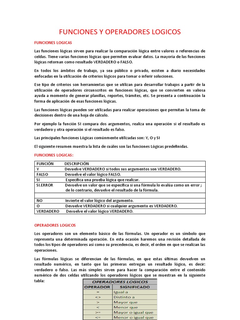 FUNCIONES Y OPERADORES LOGICOS | PDF | Hoja de cálculo | Informática
