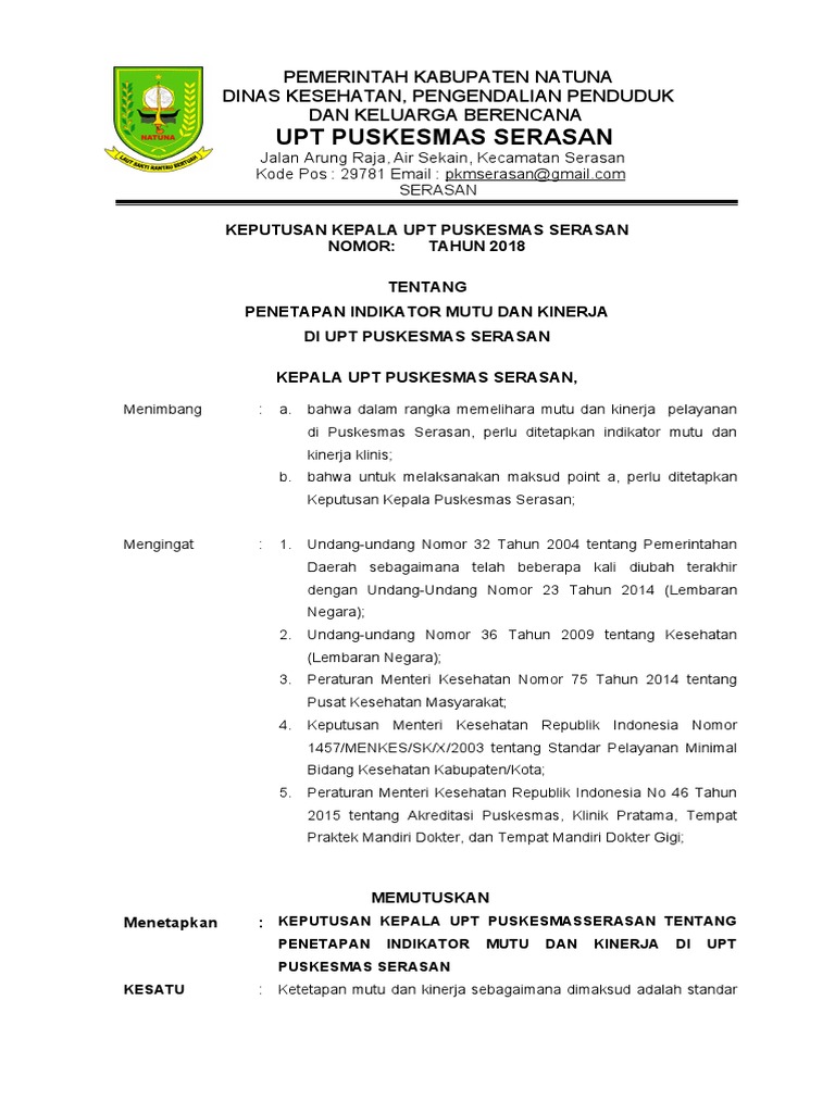 SK Penetapan Indikator Mutu PKM SRN | PDF