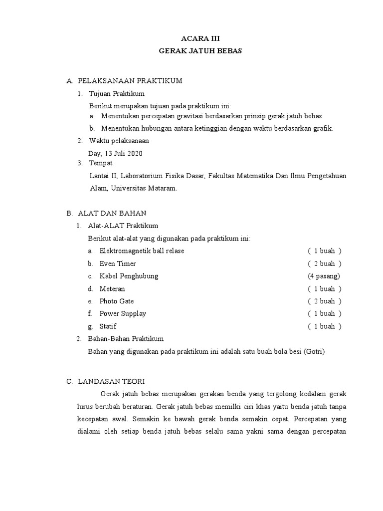 Andat Acara 3 Gerak Jatuh Bebas 2020 | PDF