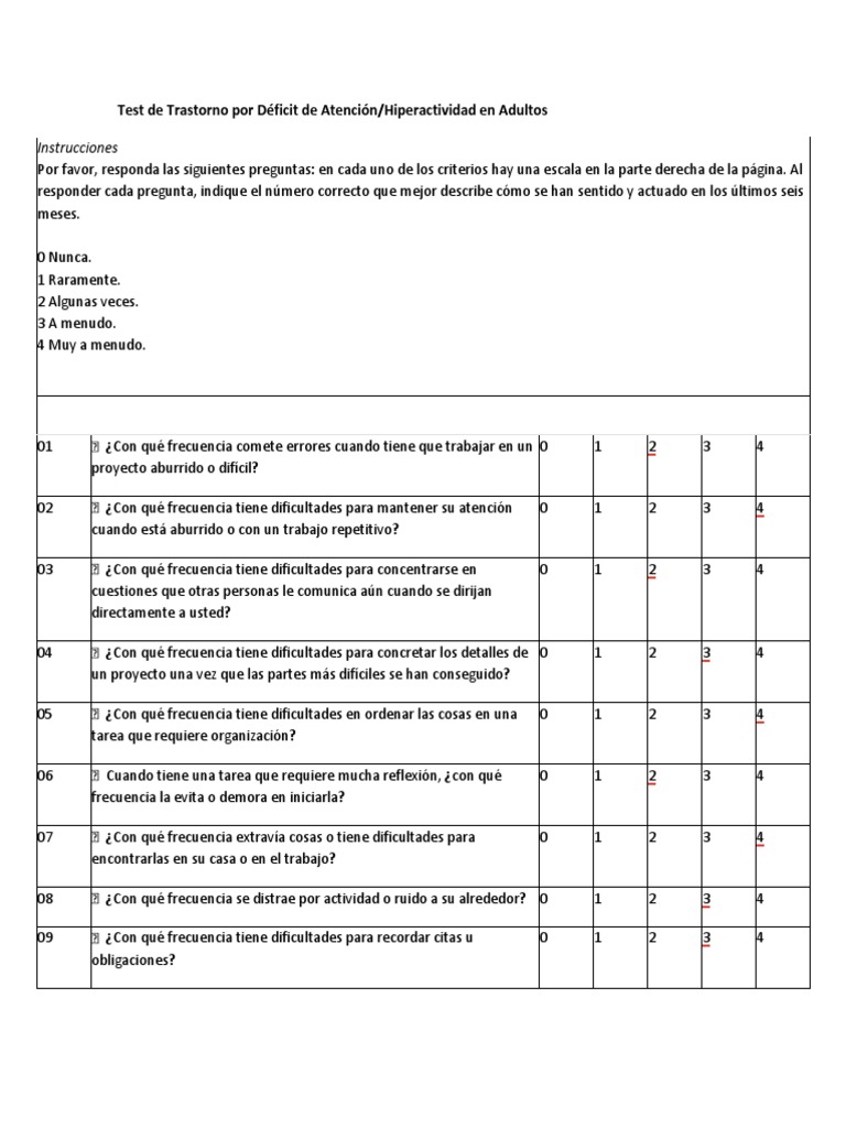 Test de Trastorno Por Déficit de Atención ADULTOS | PDF