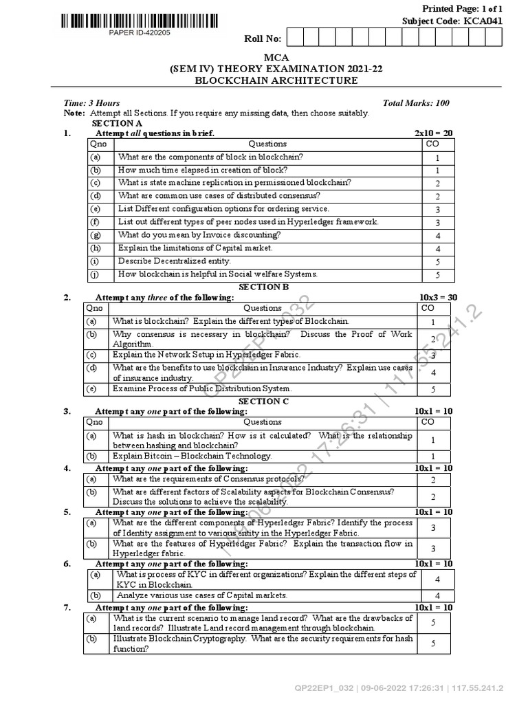 Mca 4 Sem Blockchain Architecture Kca041 2022 | PDF | Information ...
