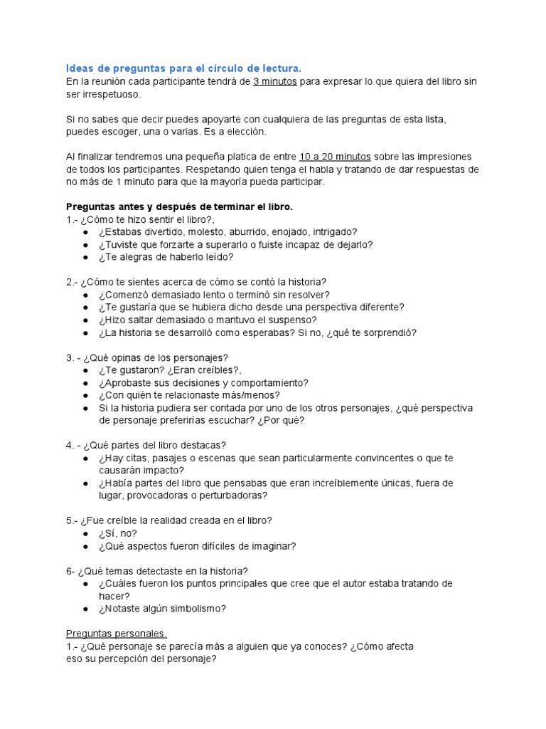 Ideas de Preguntas para El Círculo de Lectura | PDF