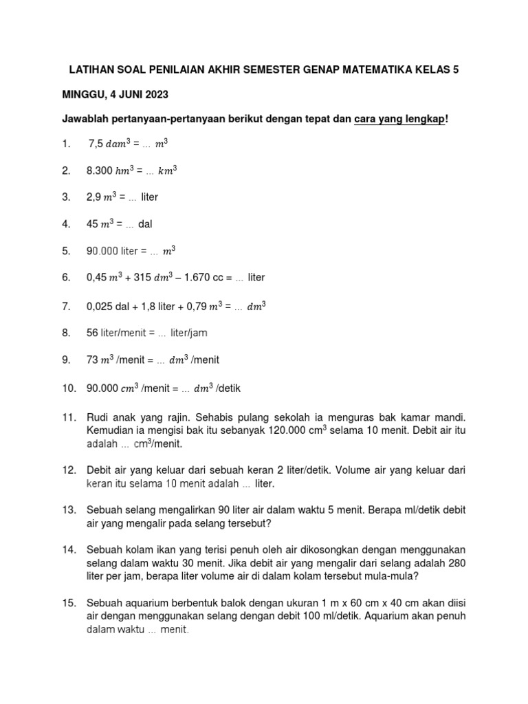 Latihan Soal PAS Genap Mat Kelas 5 | PDF
