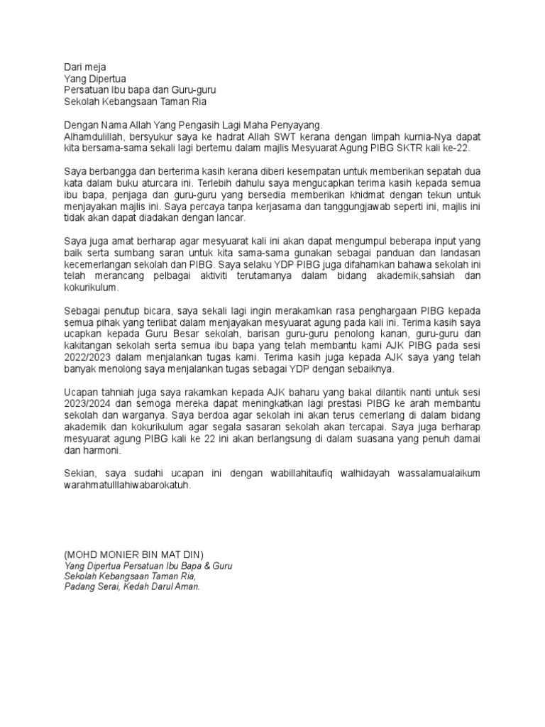 Ucapan YDP PIBG - Buku Program | PDF