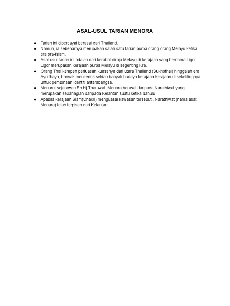 Asal Usul Tarian Menora Melayu | PDF | Sejarah