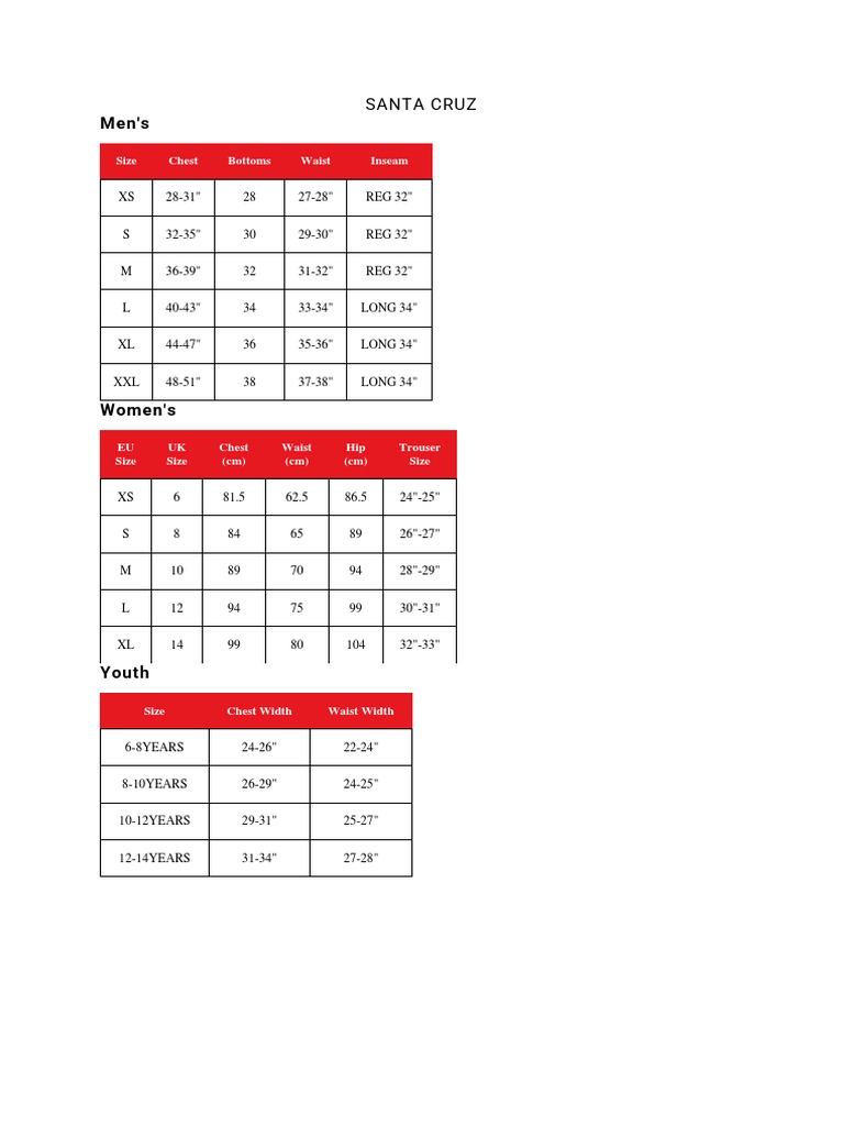 Santa Cruz Clothing Size Chart | PDF