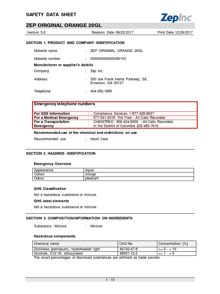 ZEP Original Orange Safety Data Sheet | PDF | Science & Mathematics