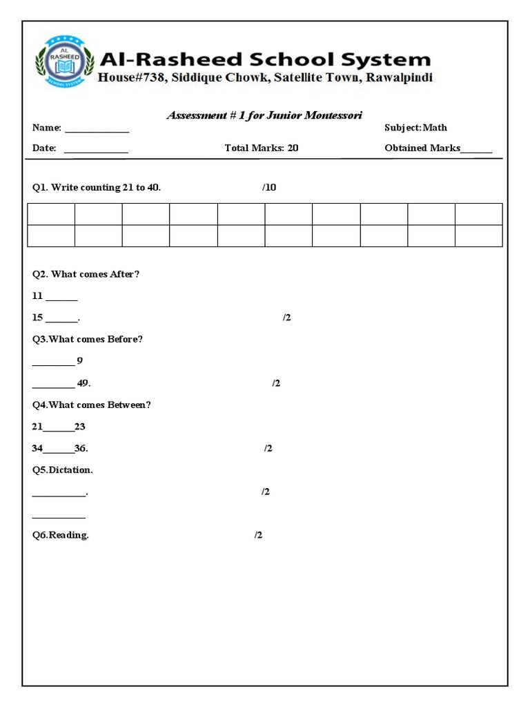 Junior Montessori Math Assessment | PDF