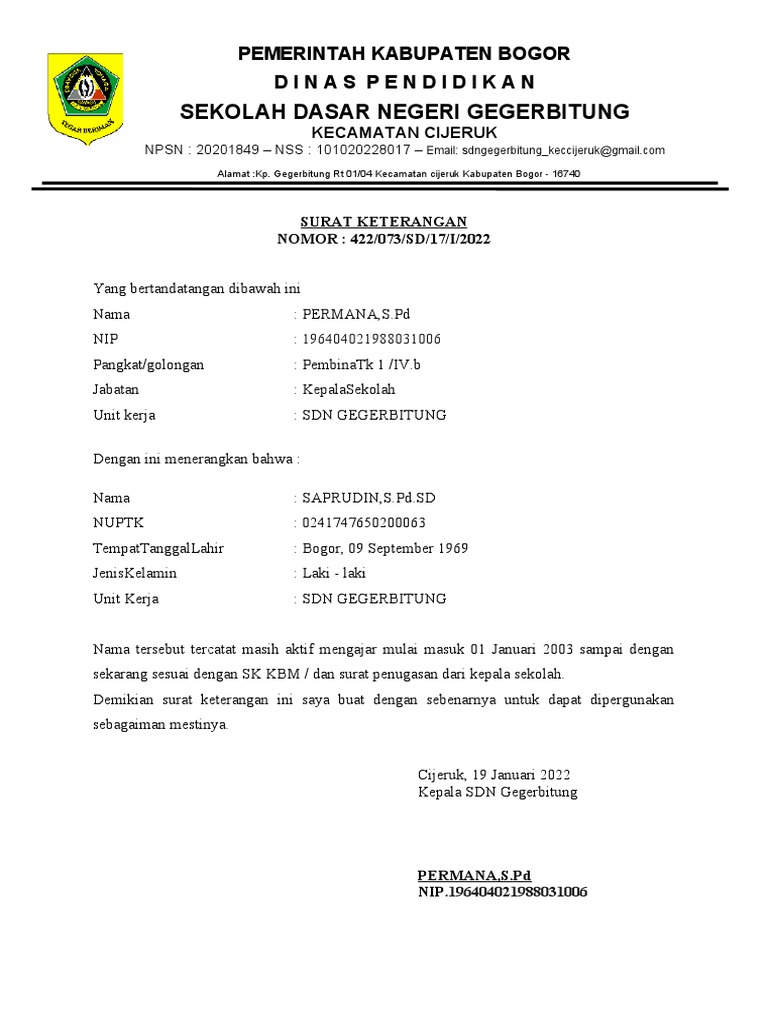 Surat Aktif Mengajar SDN Gegerbitung | PDF