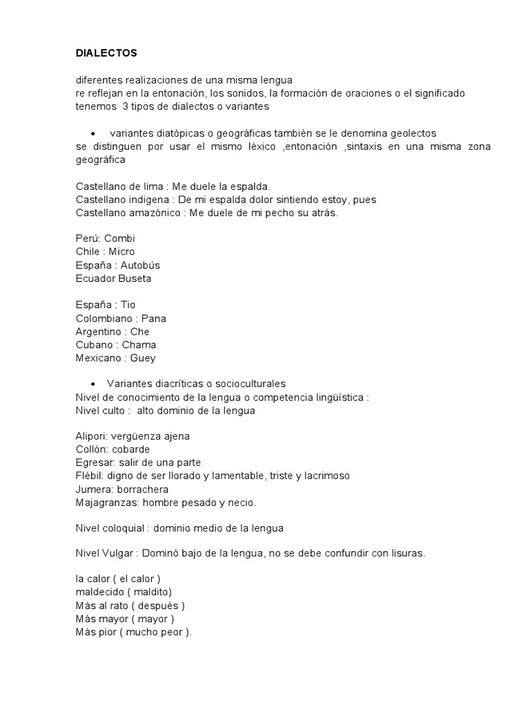 Tipos y ejemplos de dialectos y jergas | PDF | Lengua española | Dialecto