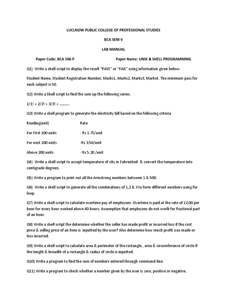 Lab Manual Unix And Shell Programming Bca 506p Pdf Shell Computing Command Line Interface 8057
