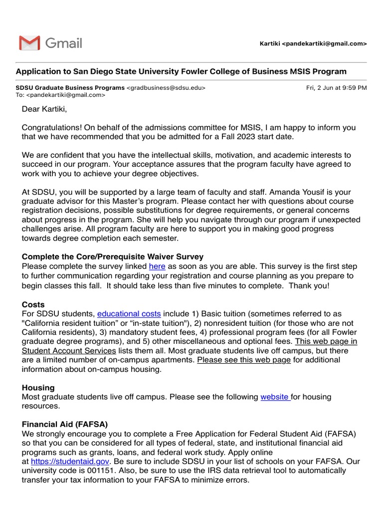 Application To San Diego State University Fowler College of Business MSIS Progra | PDF | Student ...