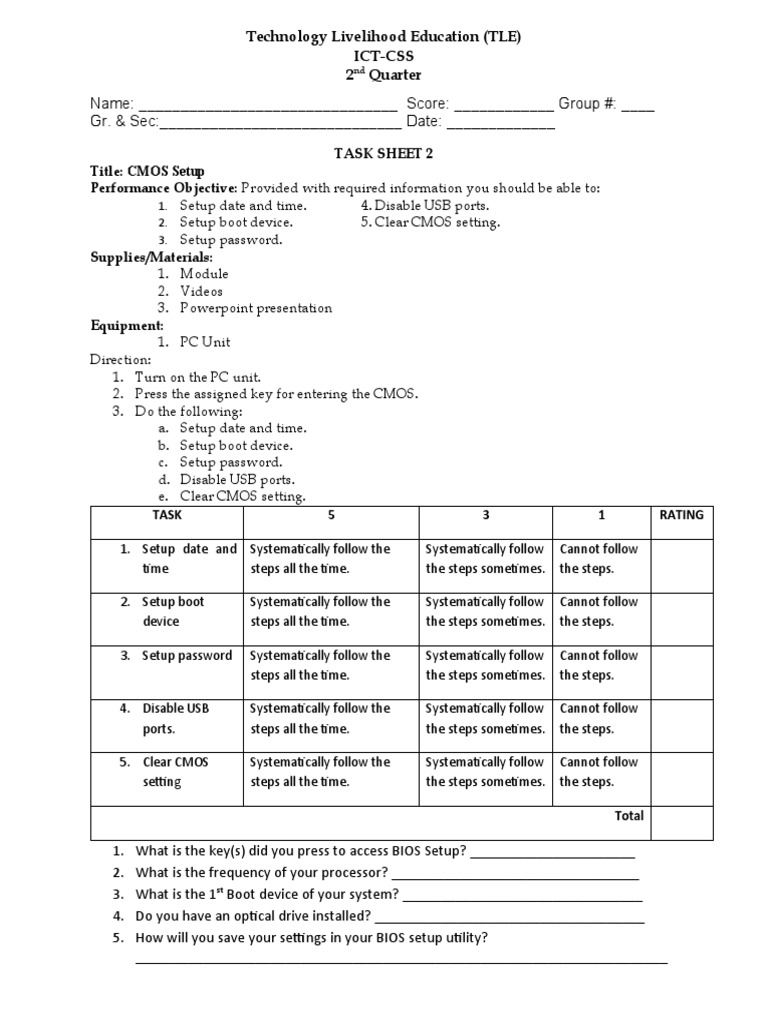 Q2-02 TASK-SHEET-2 CMOS Setup | PDF | Bios | Booting