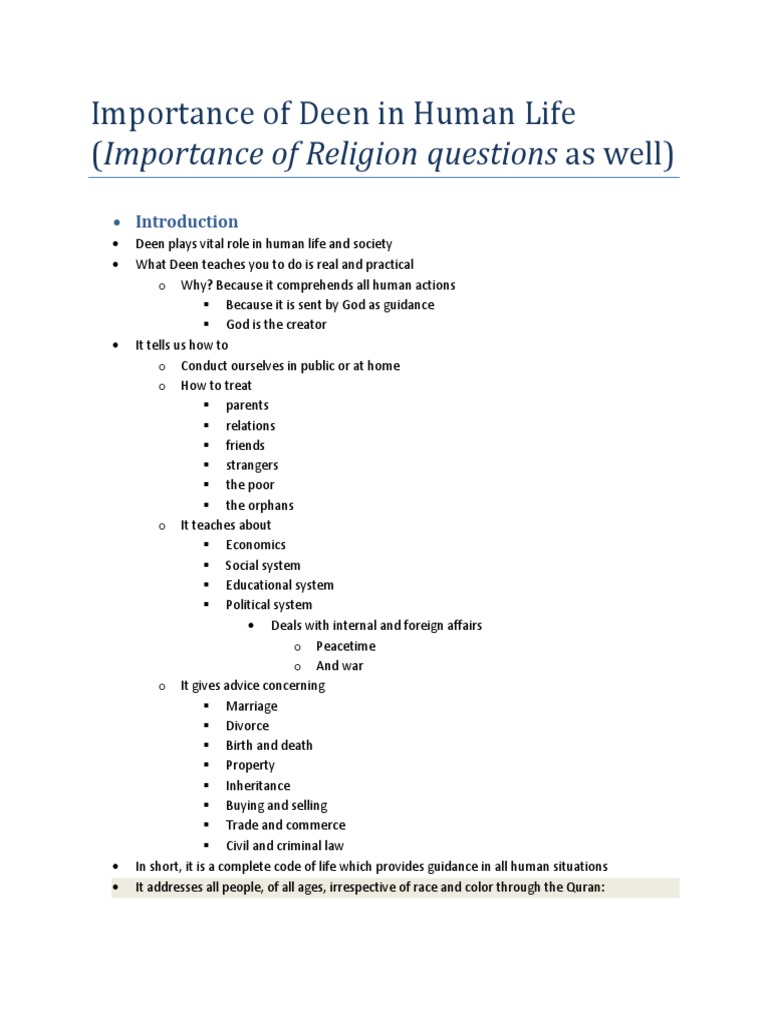 2) Importance of Deen in Human Life | PDF | God | Quran