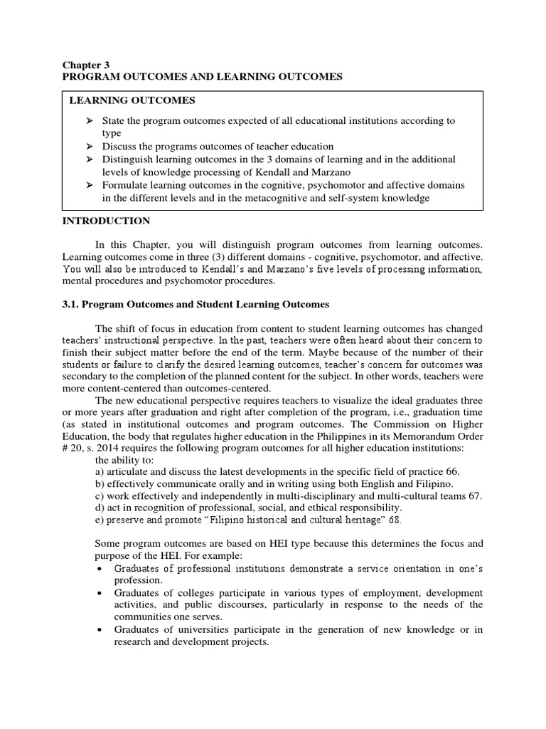 3 Program Outcomes and Learning Outcomes | PDF | Learning | Affect (Psychology)